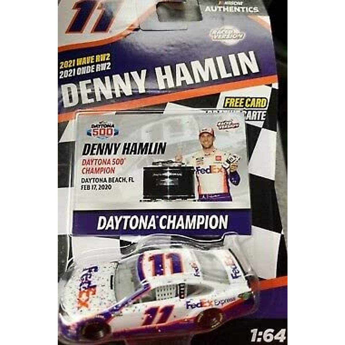 2021 Authentics Denny Hamlin #11 Wave RW2 Daytona Win 1/64 Scale Diecast with Victory Lane Trading Card... Car Measures 3" Long x 1 " Wide x 1" Tall