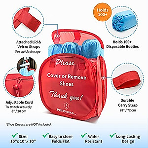 PedaShield Shoe Covers box | Collapsible Shoe Basket Bin Bootie Box | Reversible Door Hanger Signs | Realtors Open House 10" Foldable Storage holds 100 Disposable (2 Red Box + 2 Door Hang, 4)