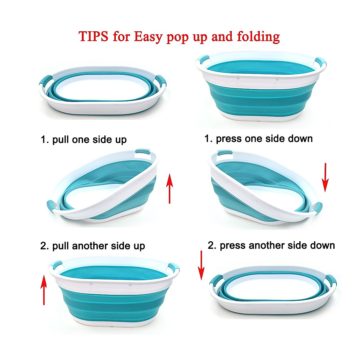 SAMMART 39L Collapsible Plastic Laundry Basket-Oval Tub/Basket-Foldable Storage Container-Space Saving Laundry Hamper, Water capacity :30L (Bright Blue), Size : 24 x 17.7 x 10.75 inches