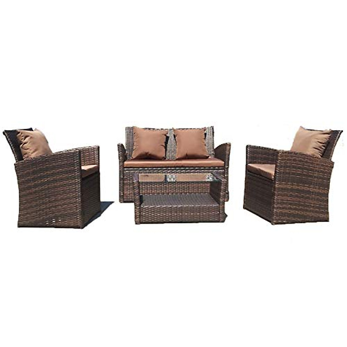 UFI 4 Pieces Patio Furniture SetsRattan, PE Rattan Wicker Chair Furniture, Conversation Sofa Set with Back Cushions, Outdoor Indoor Backyard Porch Garden Poolside Balcony Use Furniture (Brown)