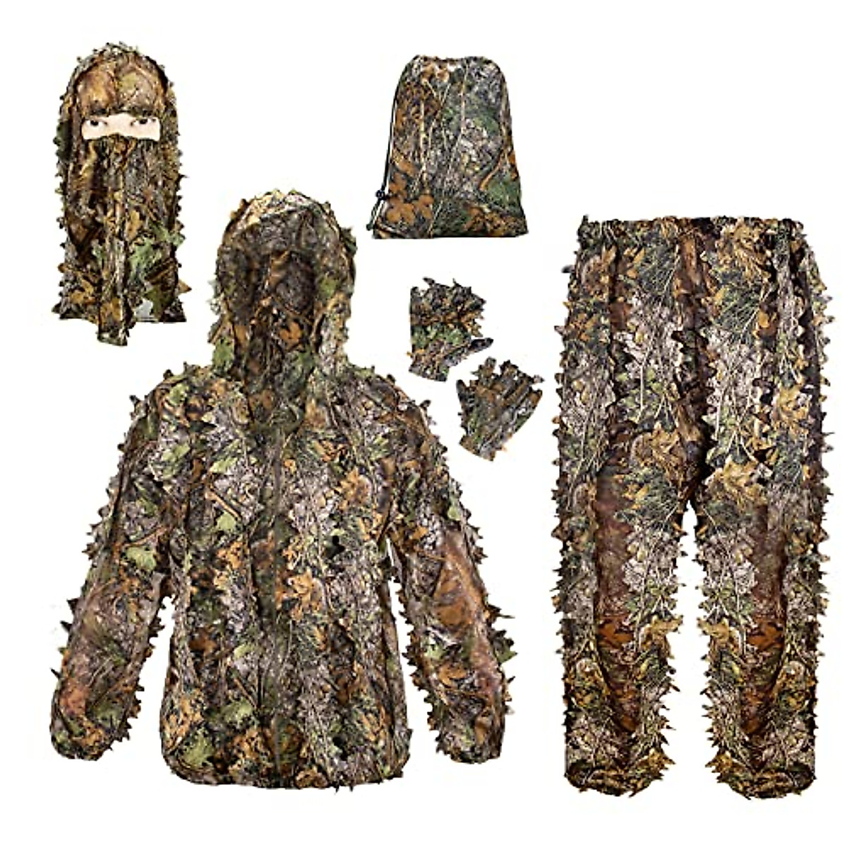 ELJGKKL Ghillie Suit, Adult 3D Leafy Suit for Hunting, Hunting Gear Including Hunting Clothes, Hunting Gloves, Leafy Face Mask and Bag, Lightweight Leafy Camo Suit for Jungle Hunting and Halloween, M