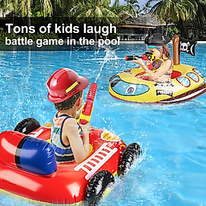 2 Pack Inflatable Kids Pool Floats with Water Gun, Pool Toys for Kids Ages 4-8, Blow Up Pool Floats Kids, Toddlers Swimming Pool Game Toys, Firetruck and Pirate Ship Floaties for Boys Girls and Child