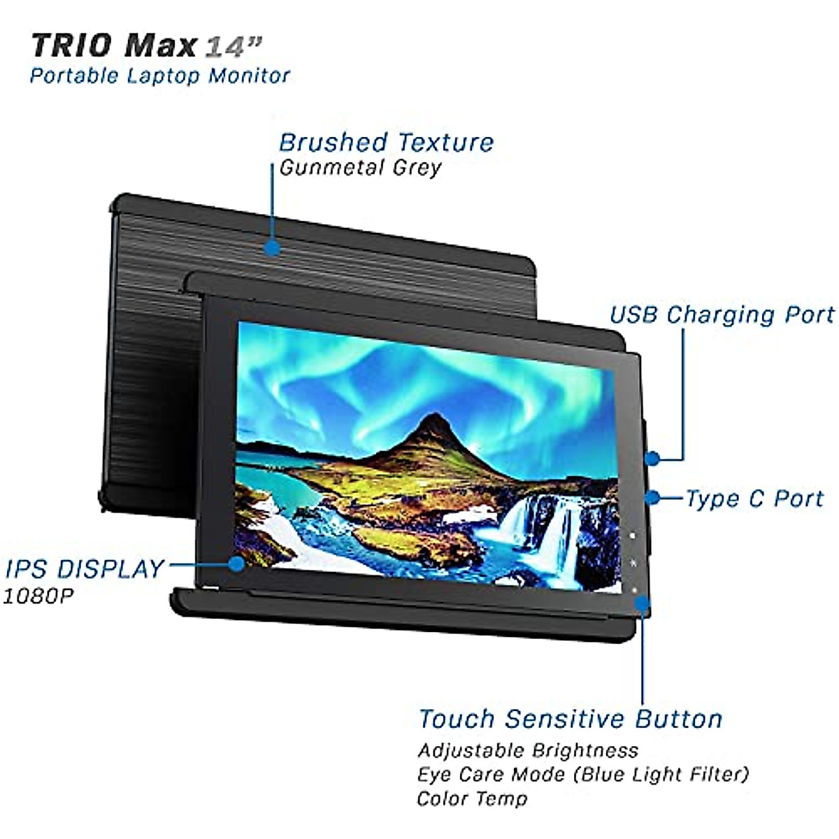 Mobile Pixels Trio Max Portable Monitor, 14'' Full HD IPS Dual Triple Monitor for laptops, USB C/USB A Portable Screen,Windows/Mac/OS/Android/Switch Compatible (1x Monitor Only)