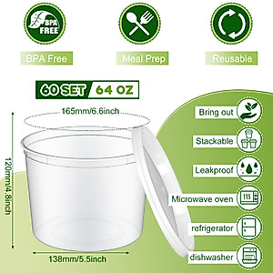 Skylety 60 Sets Plastic Deli Containers with Lids Food Storage Containers Soup Cups, Leakproof, Microwavable, Reusable for Restaurant, Cafe, Freezer and Catering (64 oz)