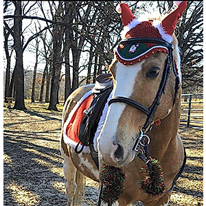 Lift Sports Horse Christmas Santa Claus Fly Bonnet with Ears NET Breathable Cotton Hand Made Crochet TACK Shows Equestrian Fly Veil Hood MASK (Horse/Full)