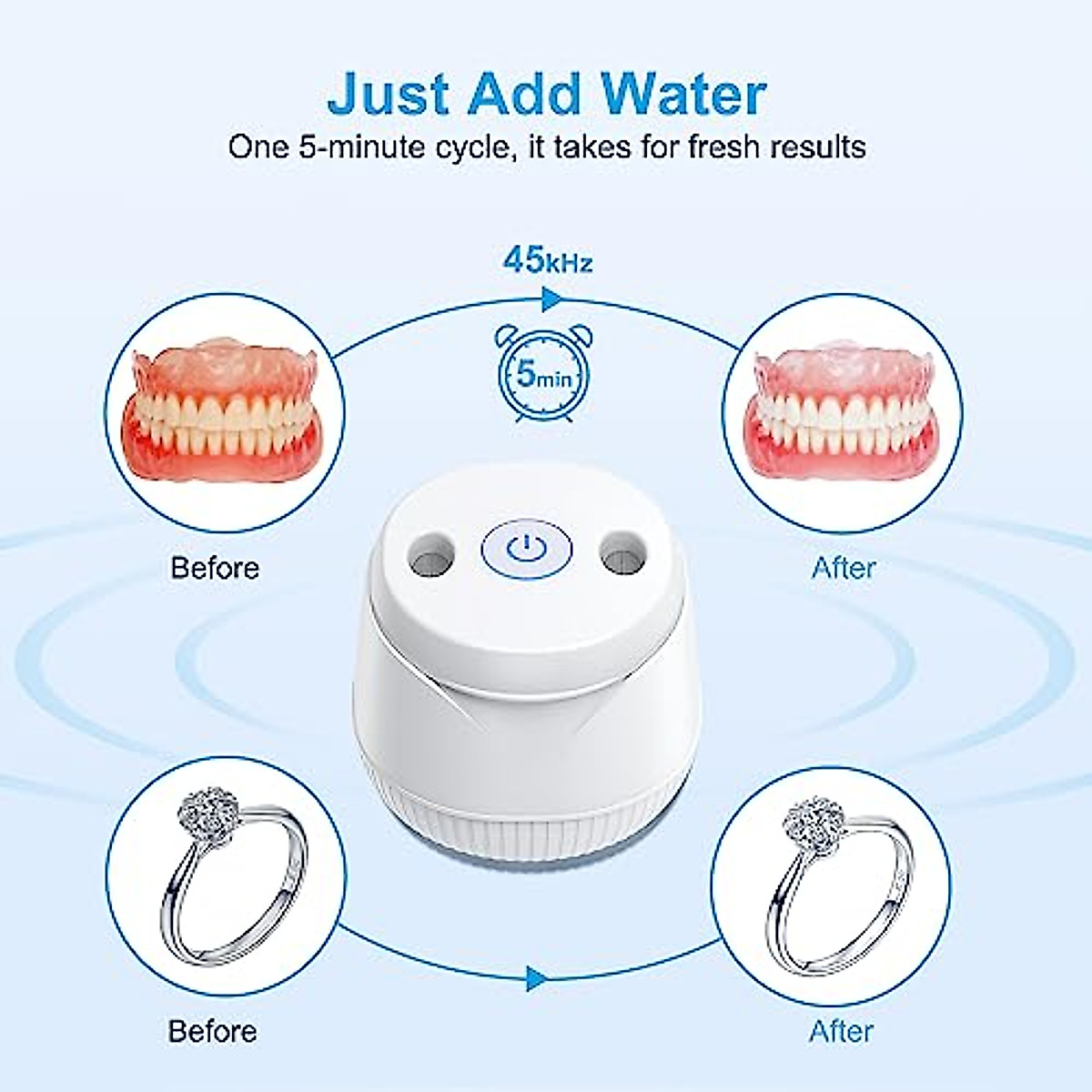 Ultrasonic UV Retainer Cleaner Machine - 45kHz Ultrasonic Cleaner for Dentures, Aligner, Mouth Guard, Whitening Trays, Toothbrush Head, 5/10 Minute Ultrasonic/Pulse Cleaning for Jewelry, Diamonds