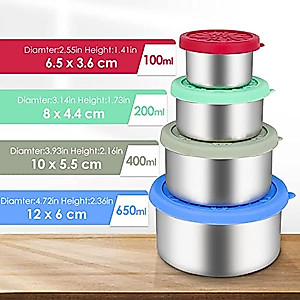 ikitchen Stainless Steel Snack Containers with Leakproof Silicone Lids, Salad Dressing Containers for Kids Reusable Metal Nesting Lunch Condiments Container Food Storage Set of 4