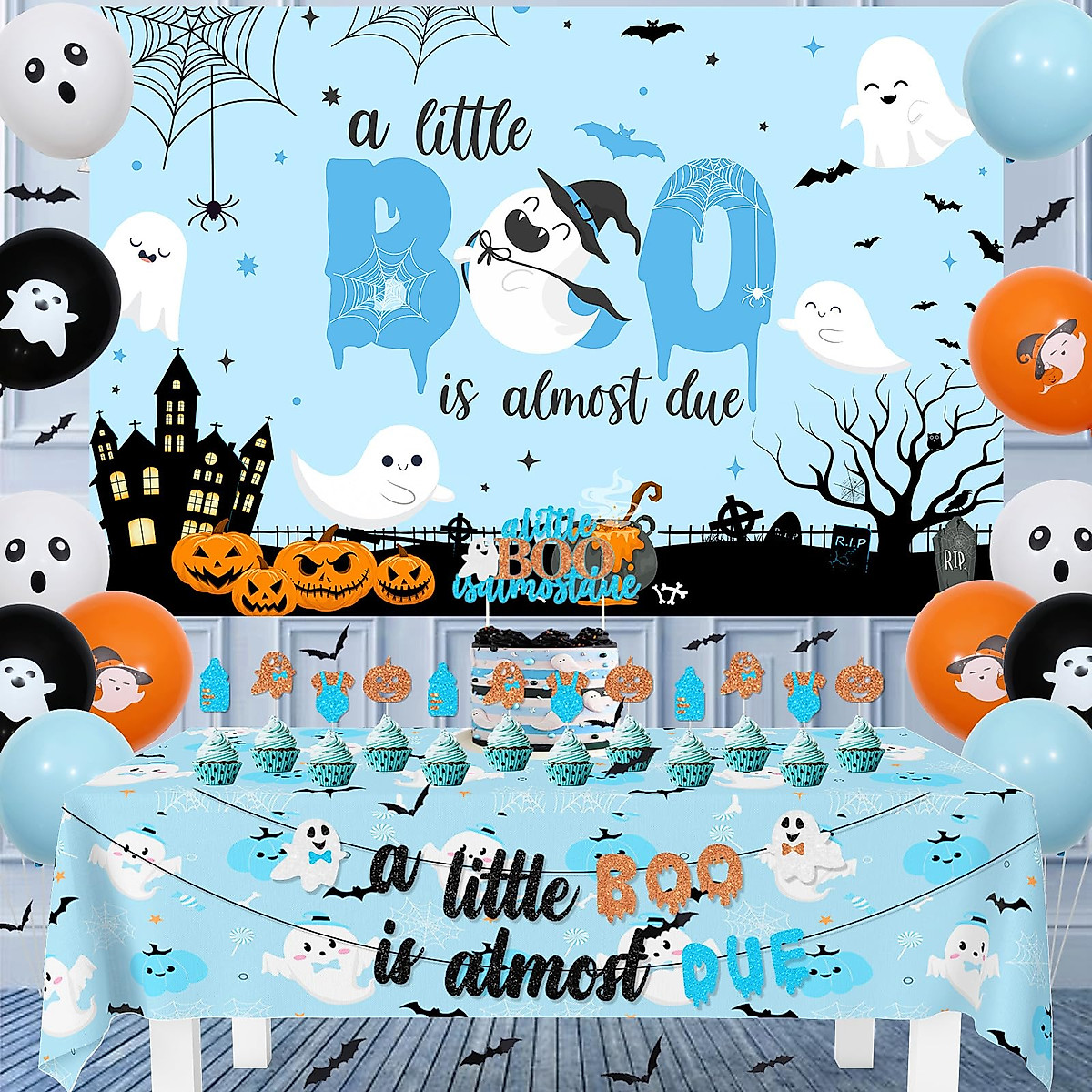 Balterever A Little Boo is Almost Due Baby Shower Decor Blue Orange Halloween Baby Shower Decors for Boys with Halloween Baby Shower Backdrop Cake Topper Spider Wall Sticker for Little Boo Party Decor