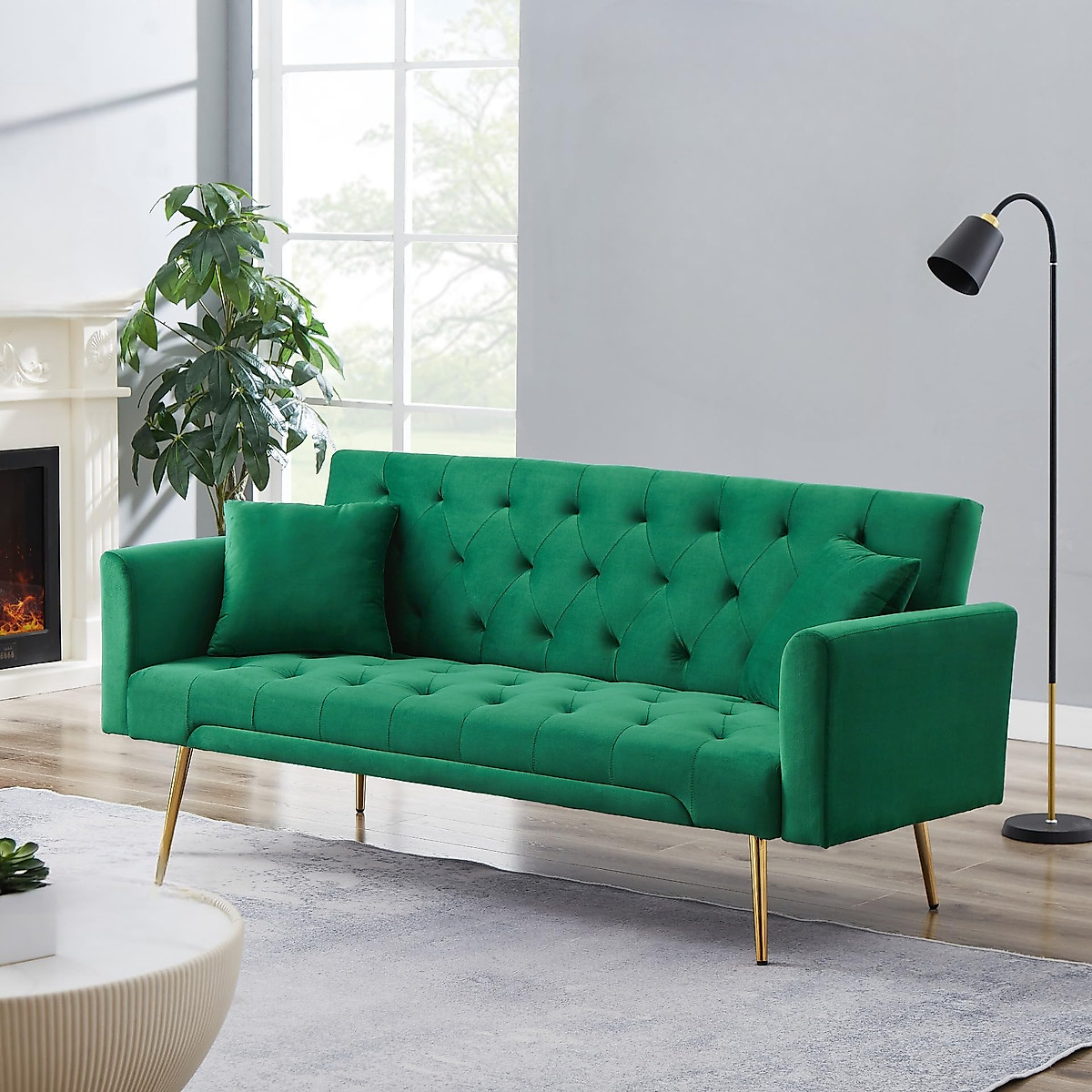 STELSIPLIY 72" Velvet Futon Sofa Bed with Metal Legs&2 Pillows, Modern Sleeper Sofa Couch, Upholstered Convertible Loveseat with Adjustable Backrest, Living Seat for Home Office Apartment,Green