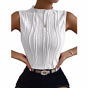 Verdusa Women's Sleeveless Mock Neck Textured Tank Top White S