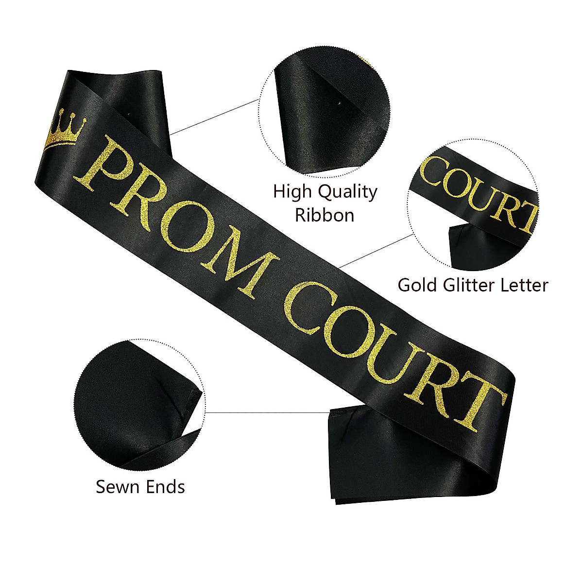 Prom Court Sashes Set of 6, Black and Gold Glitter Prom Court Sashes, 6 Pieces, Prom School Party Accessories, Prom Court Set for Prom King, Prom Queen, Prom Court