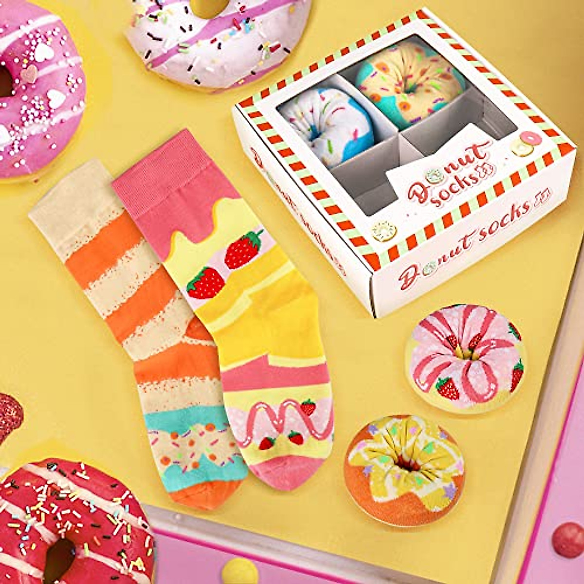 AGRIMONY Funny Donut Socks Box for Women Teen Girls Ladies- Funny Gifts Novelty Donut Gifts Food Fun Funky Cool Cute Crazy Silly Socks Birthday Gifts Ideas Christmas Stocking Stuffers (4 pairs)