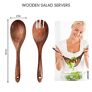 LOVEINUSA Salad Servers, 10.7in Wood Salad Tongs Salad Serving Set Salad Serving Tossing Utensils for Mixing, Tossing and Cooking