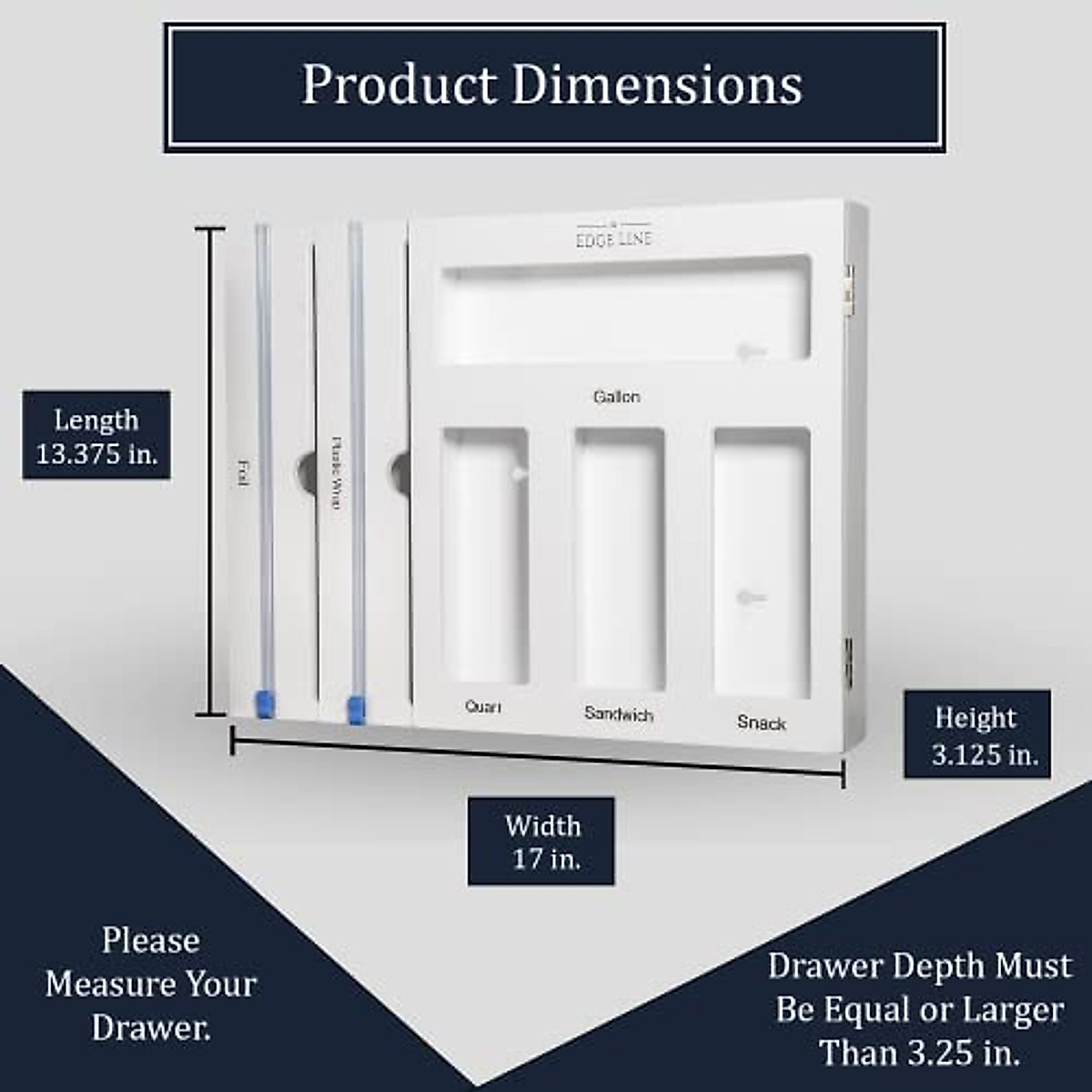 EDGE LINE White Bamboo Ziplock 6 Slot Storage Organizer - Food Storage Bags Organizer with 3 Doors - Kitchen Plastic Bags Storage - Gallon, Quart, Sandwich, Snack, Plastic Wrap, and Aluminum Foil