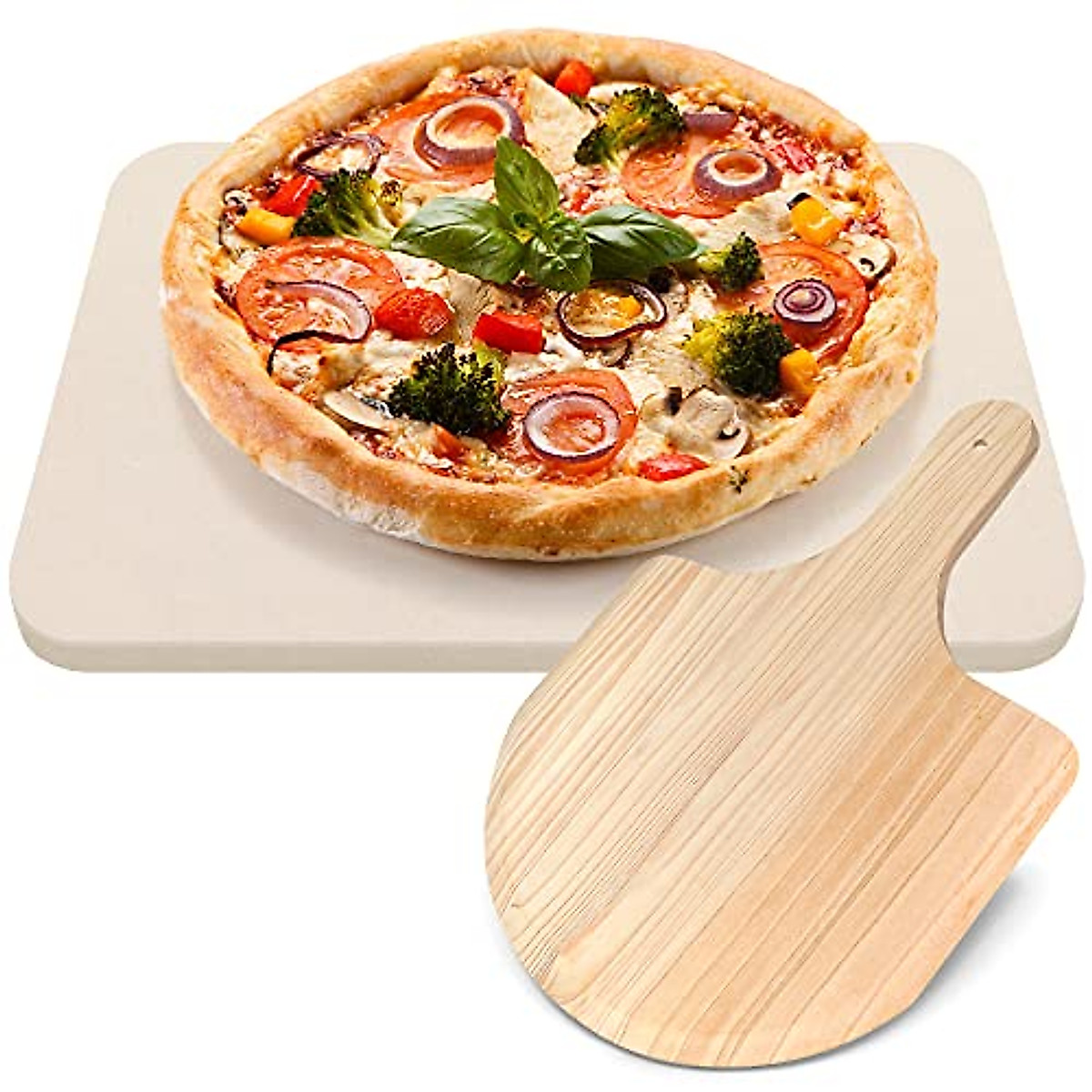 KORCCI Pizza Stone 15 x 12In, Free Wooden Pizza Peel Paddle, Rectangular Pizza Stone for Oven Baking & BBQ Grilling. Cordierite Thermal Shock Resistant Cooking Stone, Durable and Safe
