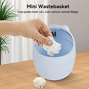 Cute Mini Desktop Trash Can, Cartoon Cat Animal Shape Waste Paper Bin with Swing Lid Mini Countertop Trash Can Small Garbage Can(Blue)