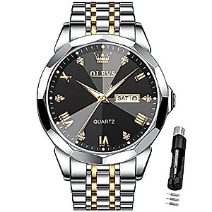 OLEVS Men Watches Business Dress Diamond Analog Quartz Date Luxury Wrist Watch Black Casual Stainless Steel Waterproof Luminous Two Tone Watch for Men