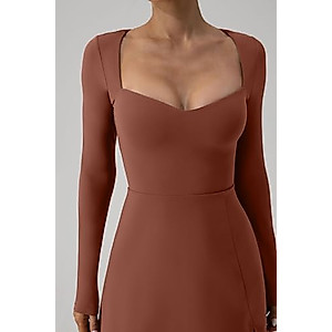 QINSEN Brown Dress for Womens Long Sleeve Sweetheart Neckline Bodycon Mini Dress for Casual L