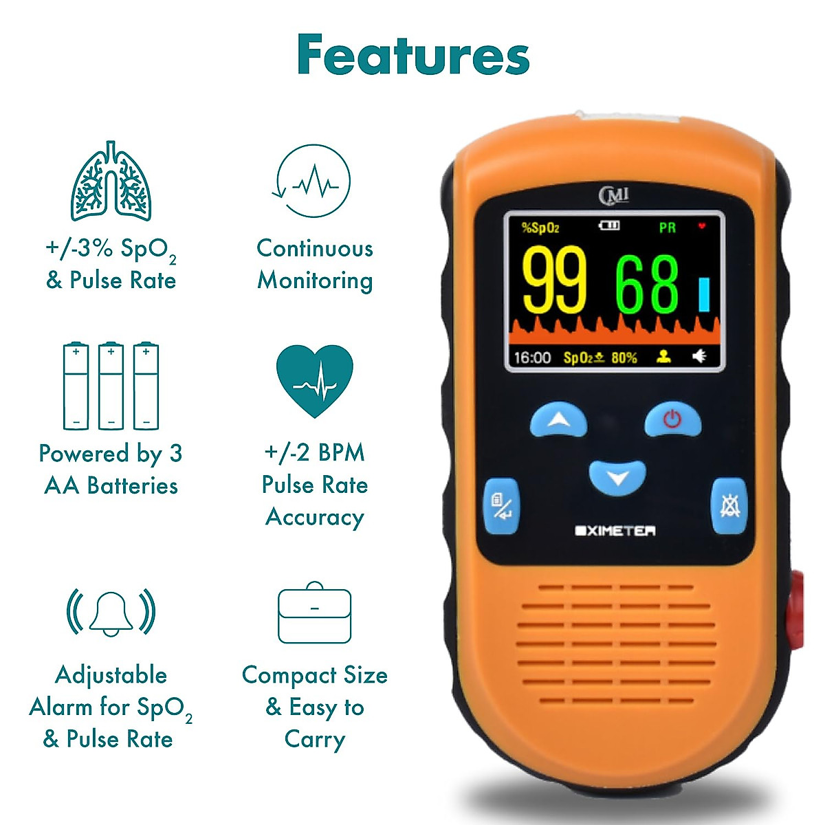 CMI Health Battery Operated Pulse Oximeter - Continuous Infant Monitoring (Up to 25 lbs) & Adult Finger Spot-Checking - Adjustable Alarm for Pulse Rate and SpO2 Levels - Carry Case
