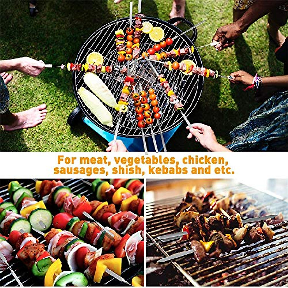 12PCS Kabob Skewers Flat Metal Stainless Steel BBQ Barbecue Skewer 14" Anti-Roll Heavy Duty Shish Kebob Sticks Wide Reusable Grilling Skewers Set for Meat Shrimp Chicken Vegetable Kebab Fork Sausage…