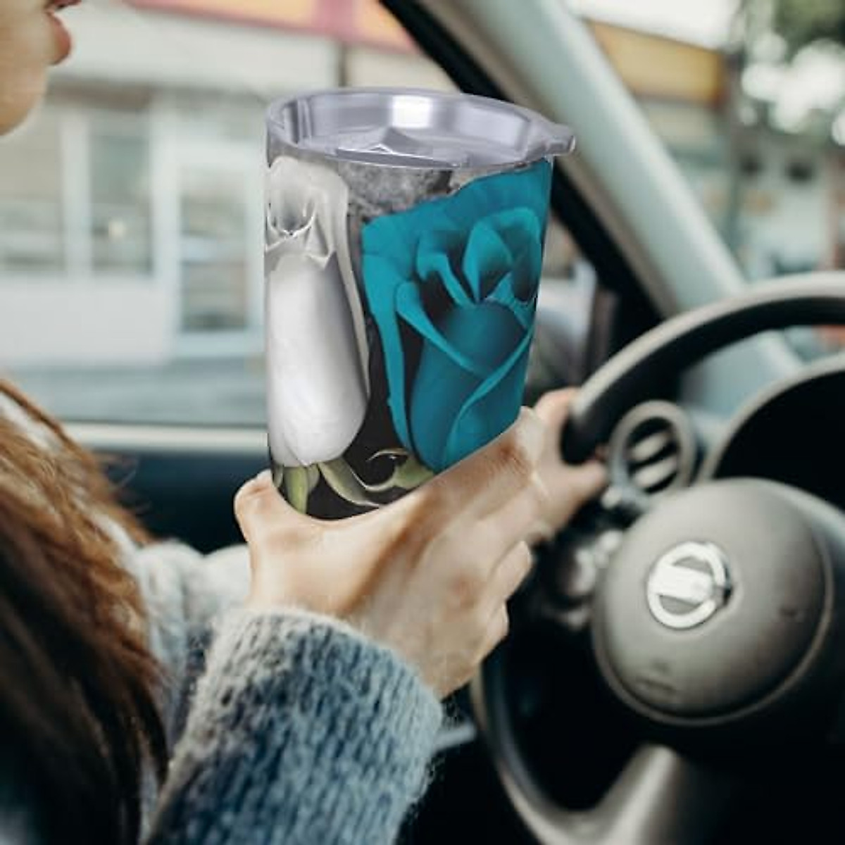 Teal Gray Rose Tumbler with Lid and Straw 20oz Stainless Steel Car Cup for Hot and Cold Drinks, Double Wall Insulated Travel Coffee Mug Reusable Drink Thermos Cup Birthday Gifts