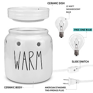 STAR MOON Rae Dunn Wax Warmer Wax Melt Warmer for Rae Dunn Inspired Decor Mason Jar Wax Warmer with Removable Dish, One More Bulb, Home Fragrance Home Decor, Glossy White (Warm)