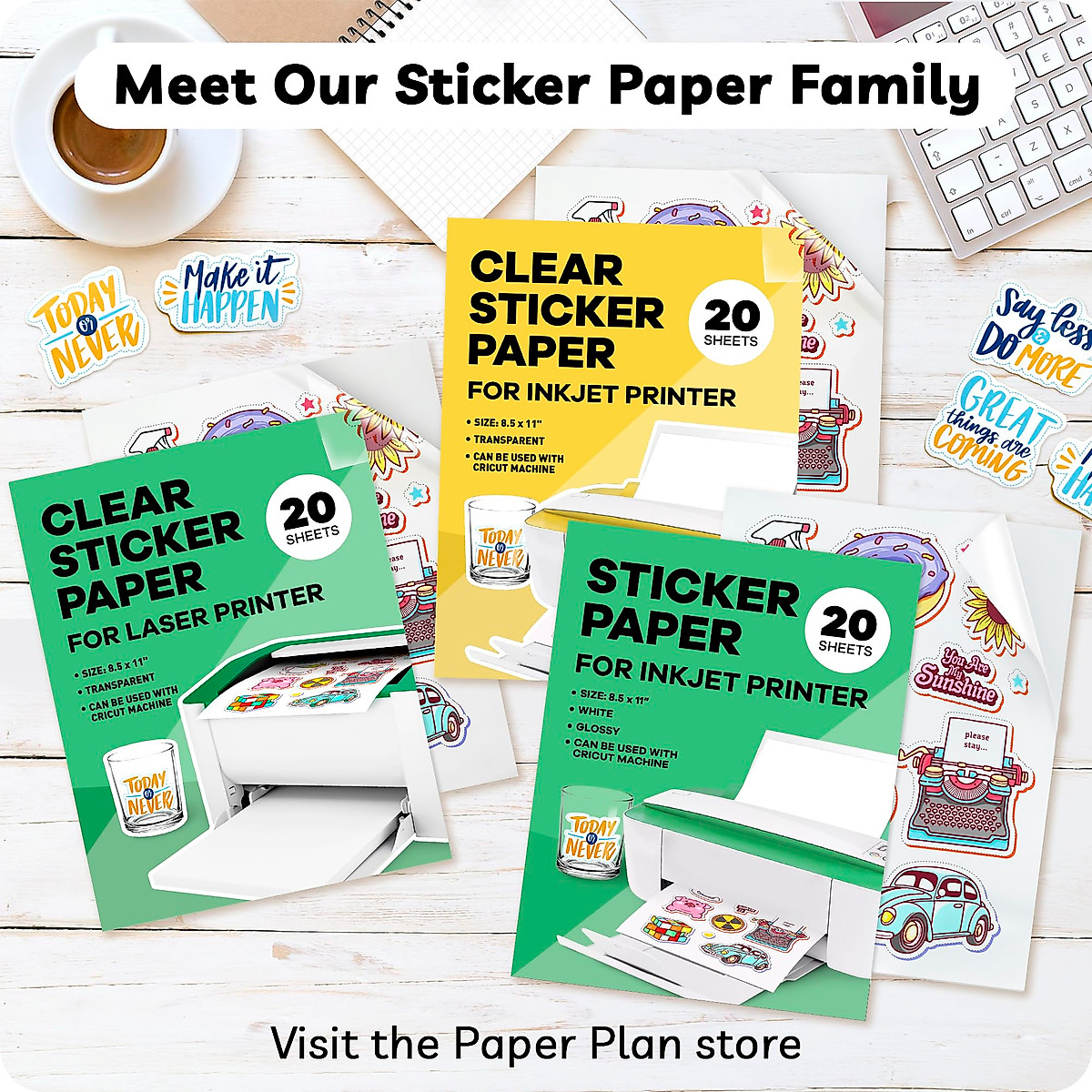 (30 Sheets) Printable Vinyl Sticker Paper for Inkjet Printer Waterproof - White, Matte, 8.5 x 11 Inkjet Sticker Paper, Cricut Sticker Paper Printable , Waterproof Sticker Paper / Paper Plan