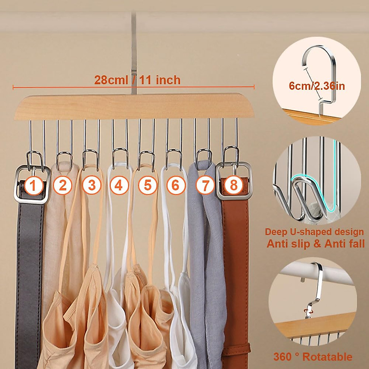 Plowatxi Belt Hanger for Closet 2 Pack Belt Hanger with 16 Hooks, Sturdy Wooden Non-Slip Belt Holder for Closet Space Saving Belt Organizer for Closet Rotating Display Belt Rack for Bra Hat Tank Tops