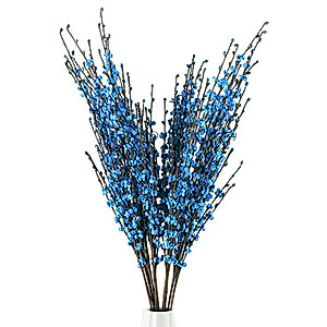 5Pcs 75CM Long Artificial Flower Winter Jasmine Folk Pip Berry Plant Dry Branches for Wedding Home Office Party Hotel Table Vase Christmas Decor - Blue