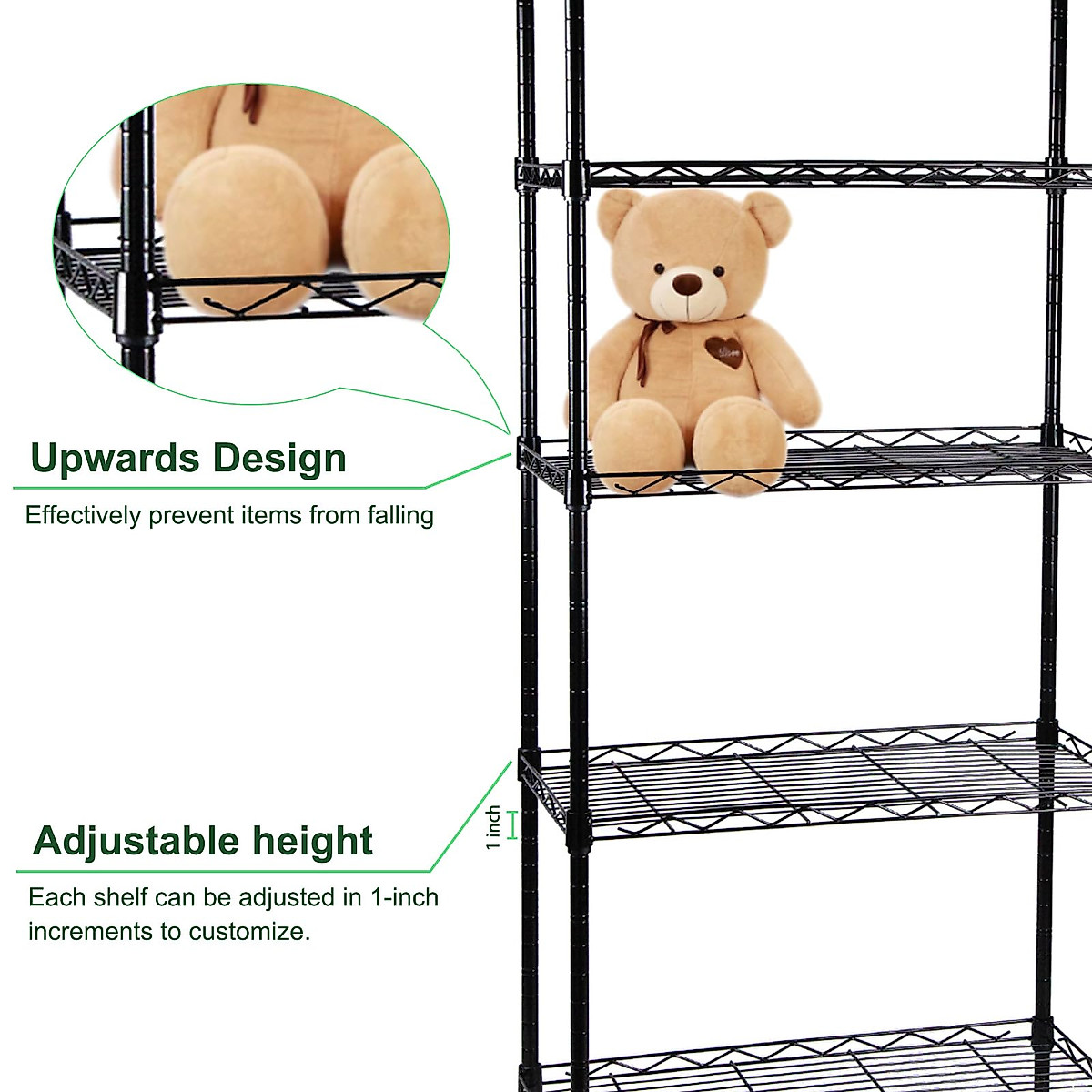 HESESOH 5-Wire Shelving Adjustable Shelves, Standing Storage Shelf for Laundry Bathroom Kitchen Pantry Closet Organization (Glossy Black, 21.2" L x 11.4" W x 48.8" H)