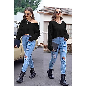 Womens V Neck Long Sleeve Tops Crop Waffle Knit Crepped Casual Loose Pullover Crop Sweater L Black