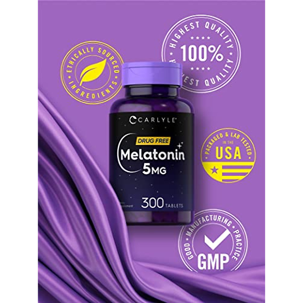 Carlyle Melatonin 5mg | 300 Tablets | Drug Free Supplement | Vegetarian, Non-GMO, Gluten Free