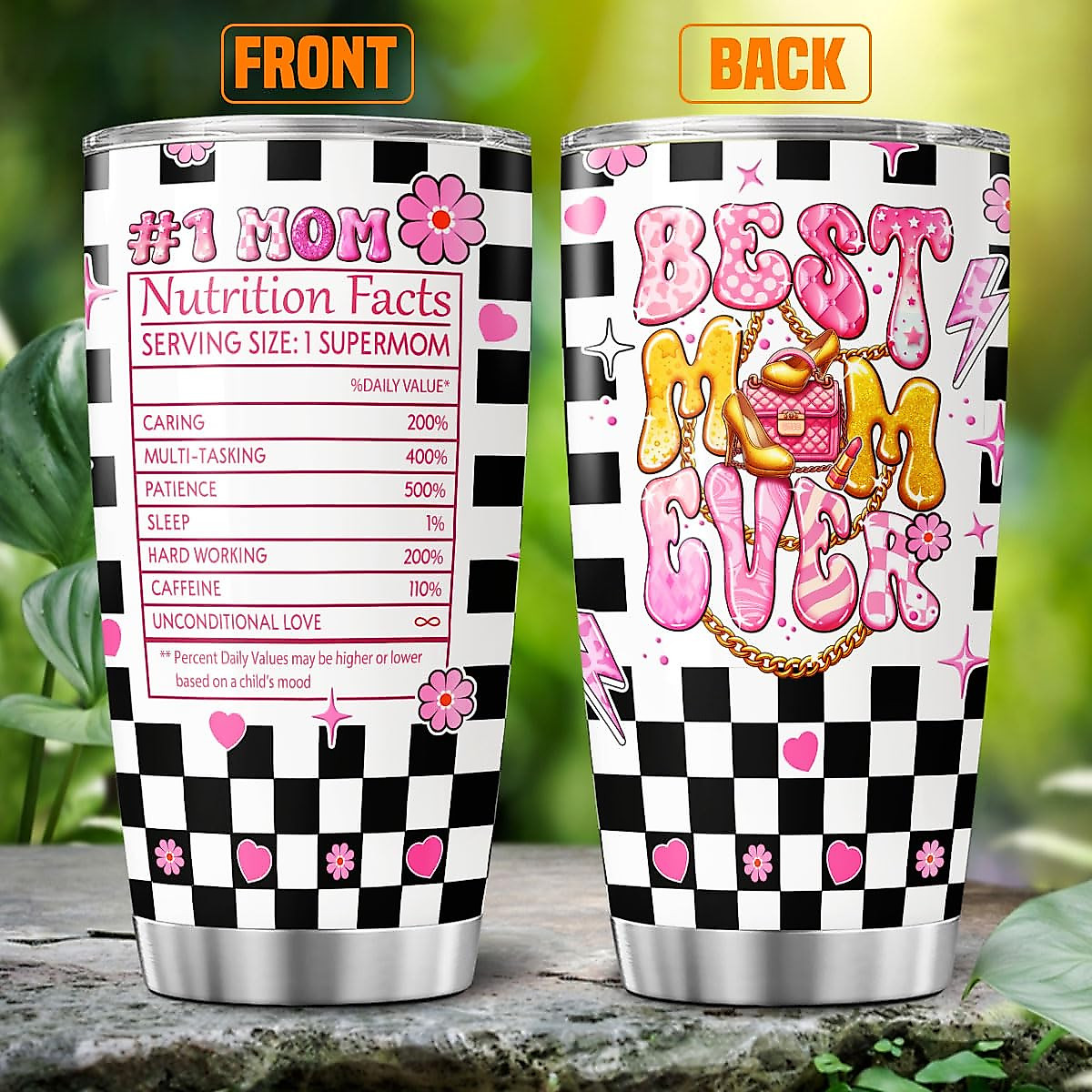 JENOIS Tumblers Women Cups Checkered Coffee Mama Funny Day For Mothers Modern Simple Simply Handle, Mom Nutrition Facts, Tumbler 20 Oz With Lid And Straw, Best Mom Ever Gifts