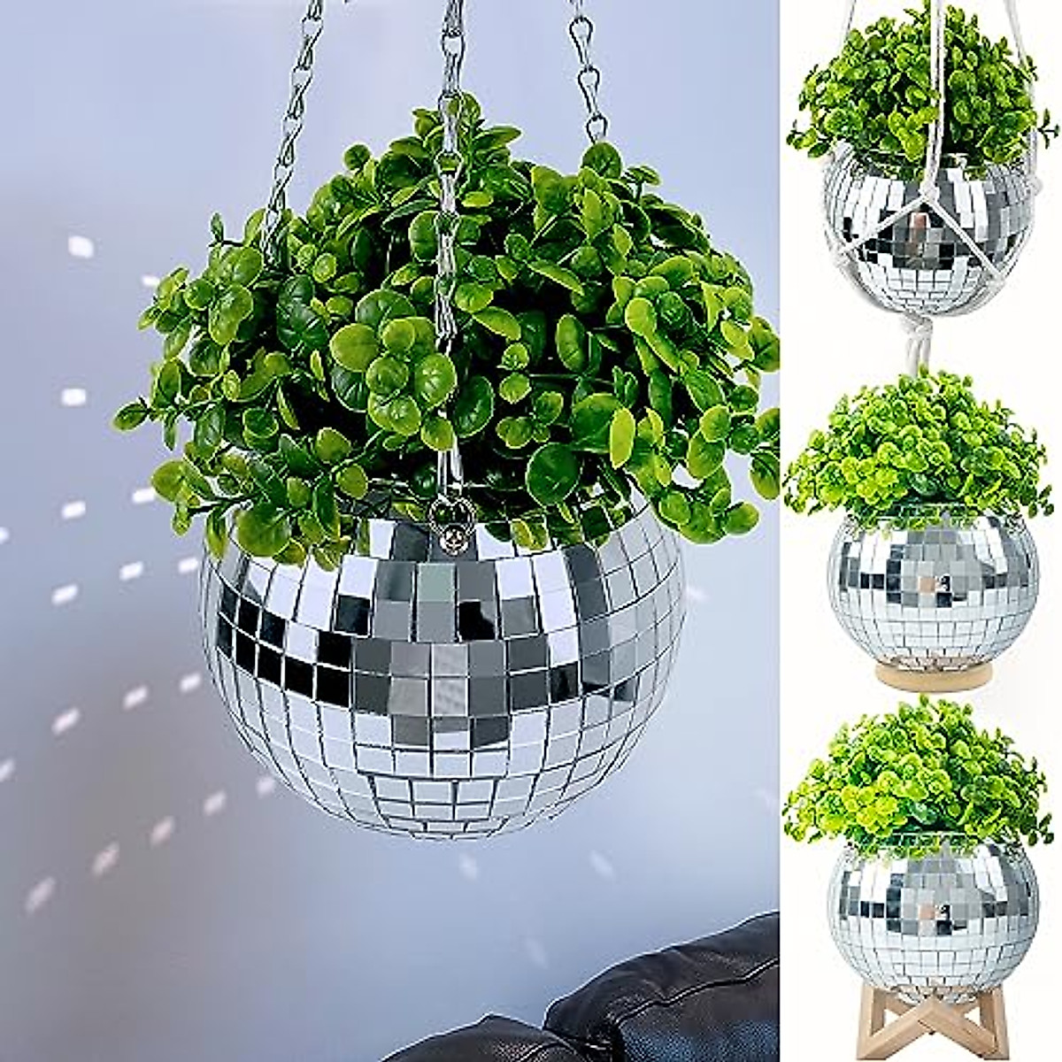 Disco Ball Planter, 6" Creative Mirror Ball Hanging Planters for Indoor Plants with Chain, Macrame Rope, Wooden Stand, Disco Ball Plant Hanger for Valentine's Decorations Hanging Plant, 1 piece