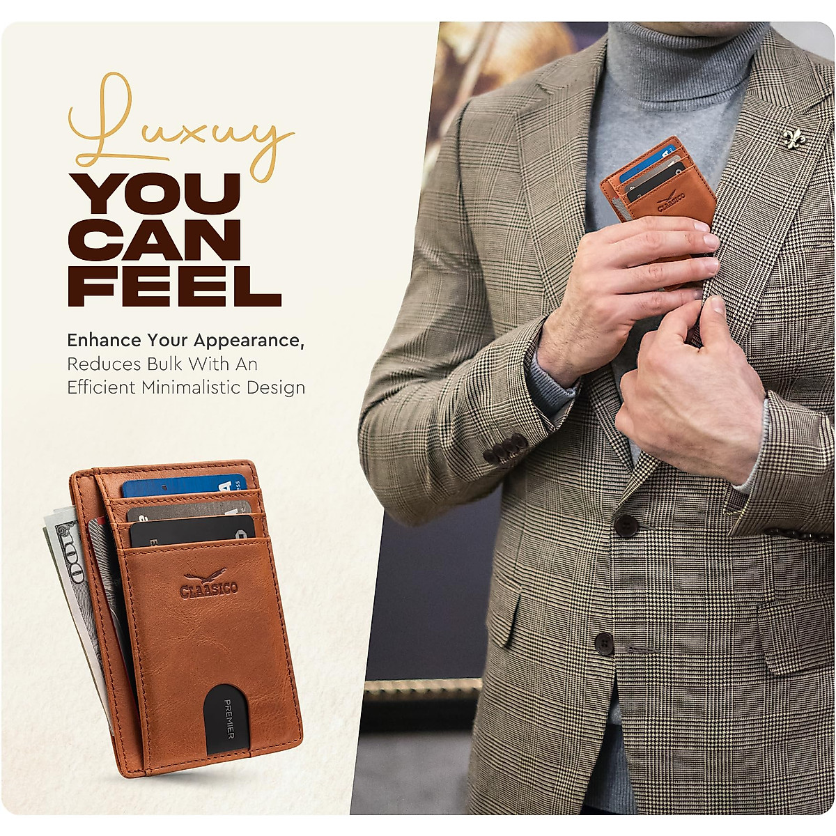 Claasico Front Pocket Small Minimalist Leather Wallet RFID Blocking Vintage Leather Credit Card Holder with Gift Box