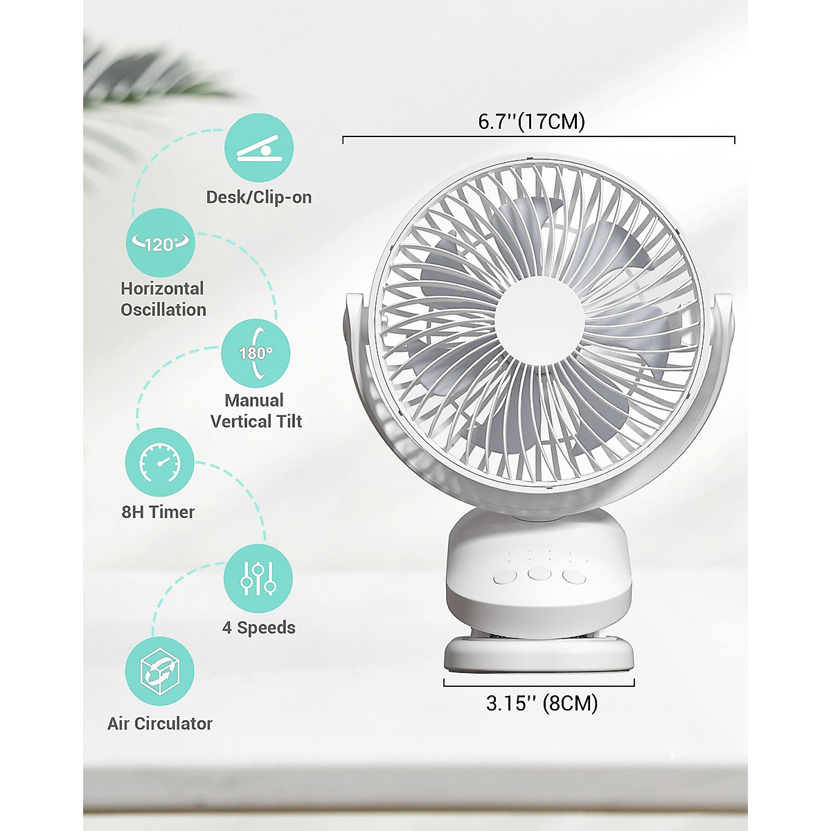 Portable Clip on Fan, Oscillating ＆ 120° Rotate Battery Operated Stroller Fan, 4 Speed Quiet Mini Personal Desk Fan, USB Rechargeable Fan for Outdoor Camping Golf Cart Stroller Home Office White