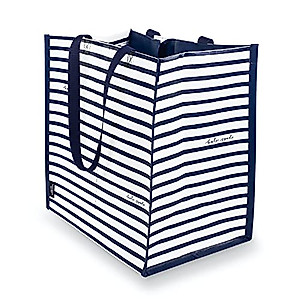 Kate Spade New York Reusable Shopping Bag, Grocery Tote with Shoulder Straps, Large Collapsible Tote, Navy Painted Stripe