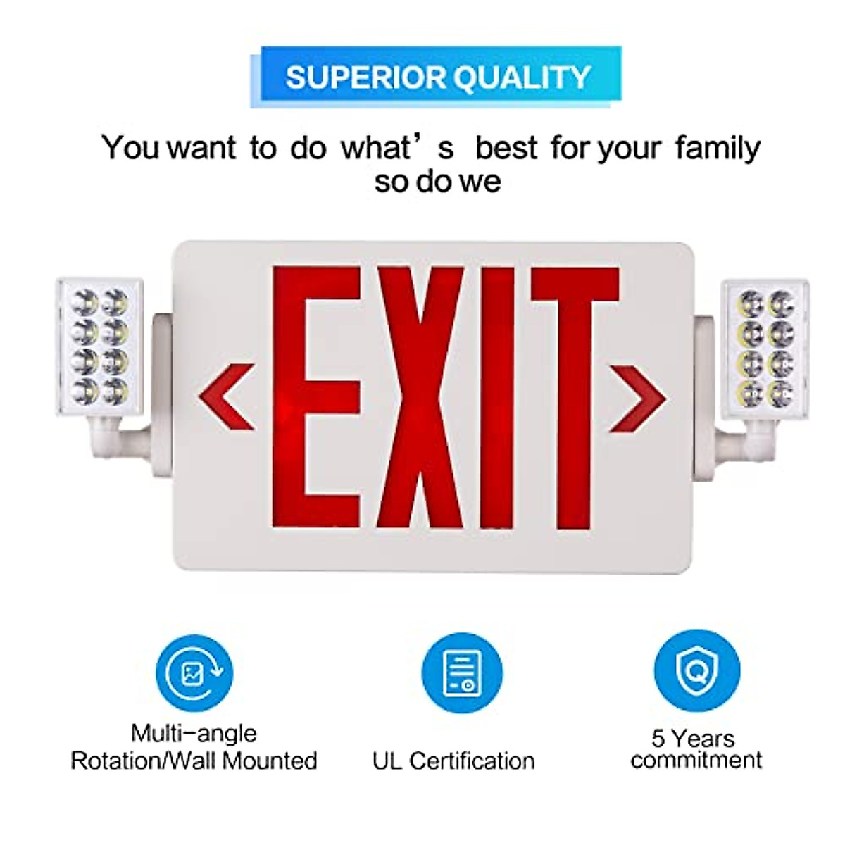 EXITLUX 4 Packs Red Exit Sign-120-277V Double Face UL Listed-LED Combo Emergency Light with Adjustable Two Head and Backup Battery-Exit Sign for Business.