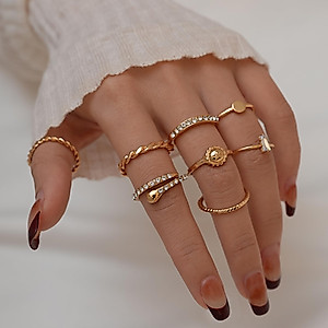 YEEZII 68 Pcs Gold Knuckle Rings Set for Women, Stackable Rings Boho Joint Finger Midi Rings Hollow Carved Crystal Stacking Rings Pack