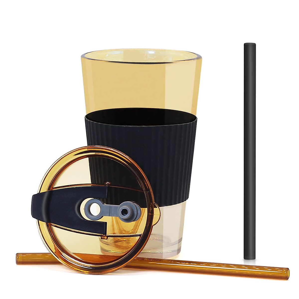 Faynore 16oz Glass Tumbler Colored Glass Cups with Lids and Straws, Drinking Glasses for Juice Beverages Iced Coffee Tea Smoothie Soda Milk (Amber)