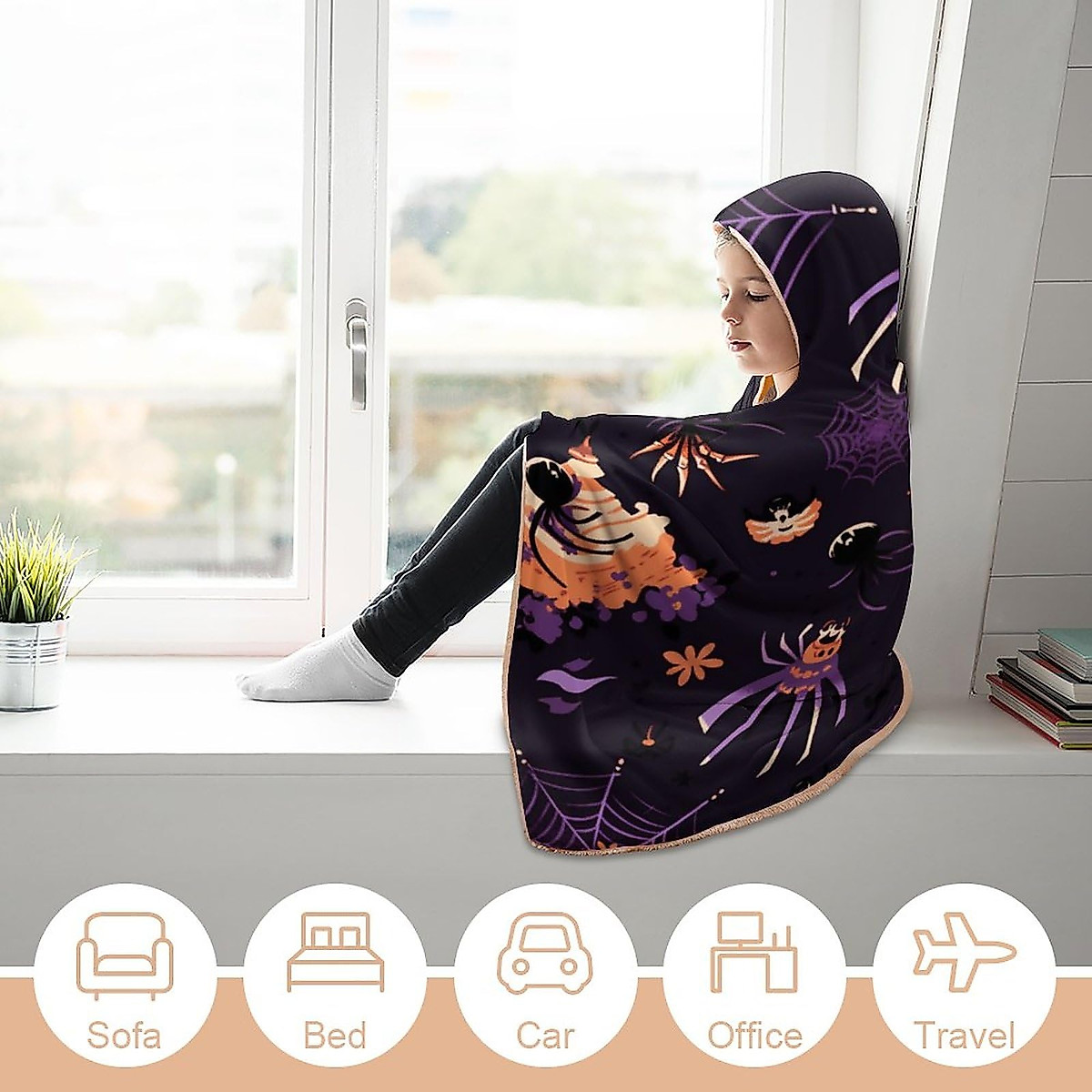 Seamless Pattern Halloween Spider Web Purple Hooded Blanket Happy Halloween Big Hug Fleece Hooded Blanket for Women Men Soft Cozy Blanket Snuggling Sofa Bedding 40"x50" Spring Summer Blanket Hoodie