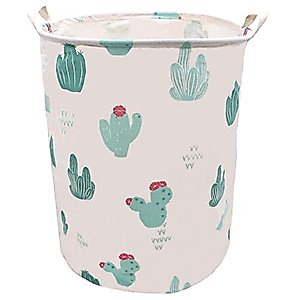 Large Storage Bins 19.7x15.7 Inch, ZUEXT Waterproof Foldable Cotton Canvas Fabric Storage Bin, Collapsible Round Clothes Laundry Hamper w/Leather Handles, Cactus Storage Basket, Toy Books Holder