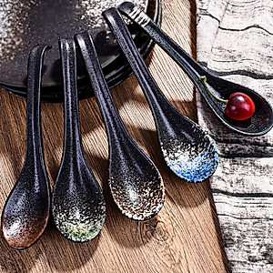 7 inch Japanese and Korean Ramen Spoon Set of 5, Asian Soup Spoon Chinese Soup Spoon Curved Handle Soup Spoon Long Handle Ceramic Miso Soup Spoons