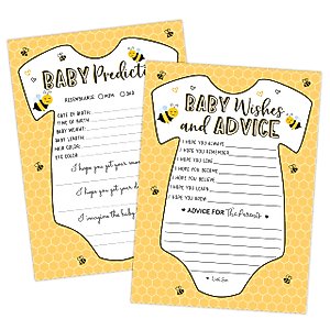 Your Main Event Prints Baby Shower Games Advice, Wishes, and Prediction Cards (Neutral Bee Yellow) - 50 Pack Gender-Neutral Baby Shower Activity for Guests