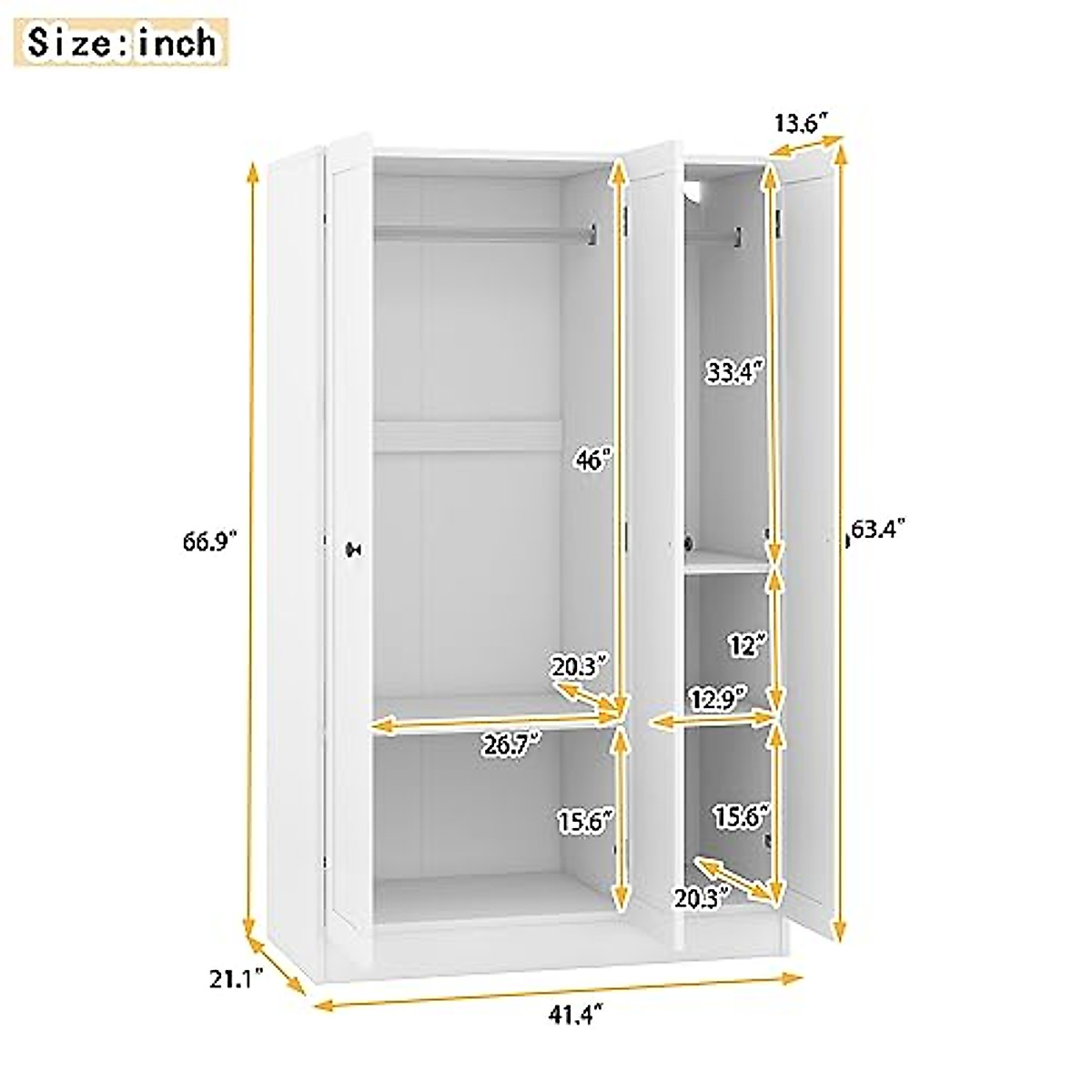 P PURLOVE Wardrobe Armoire Closet with 3 Doors for Bedroom,Bedroom Clothes Cabinet Shutter Wardrobe with Shelves,Freestanding Armoire Cabinet