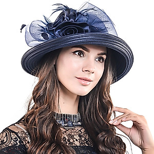 HISSHE Women Kentucky Derby Dress Church Wedding Party Feather Bucket Hat S608-A, Navy, Medium