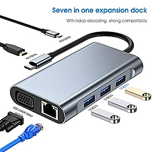 Yirepny USB C Hub, 7 in 1 Multiport Adapter with 4K Output 3 USB 3.0 Ports 100W Pd Charging TF/SD Card Reader USB C to 4K USB C to RJ45 Ethernetr USB C Adapter Silver