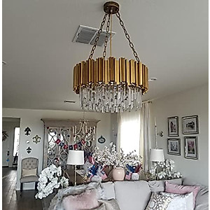 A1A9 Modern Round Crystal Chandelier Lights Luxury Pendant Ceiling Light Contemporary Raindrop Chandeliers Lighting Fixture for Dining Living Room Kitchen Island Bedroom Foyer Hallway (Antique Gold)
