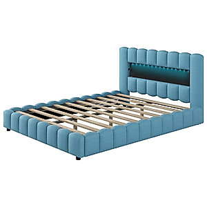 LAVHOME Queen Size Lift Up Storage Bed/Button Tufted Wingback Headboard/Hydraulic Storage/Upholstered Platform Bed Frame/No Box Spring Needed/Wood Slats Support/Light，Blue