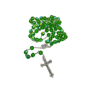 Nazareth Store Green Crystallized Glass Beads Rosary Necklace Holy Mary Medal & Cross Crucifix Handmade Christian Holy Rosary for Men and Women